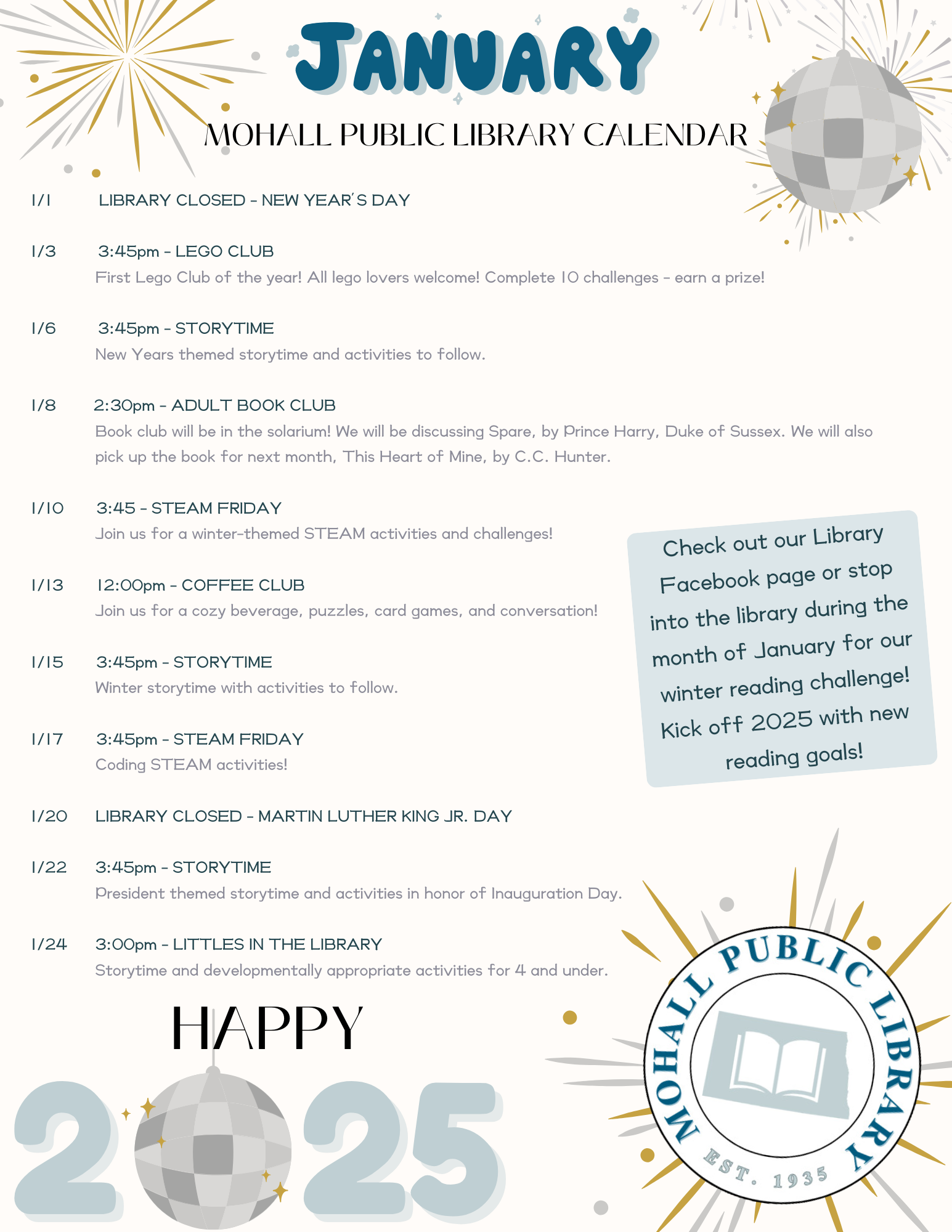 Monthly Calendar | Mohall Public Library