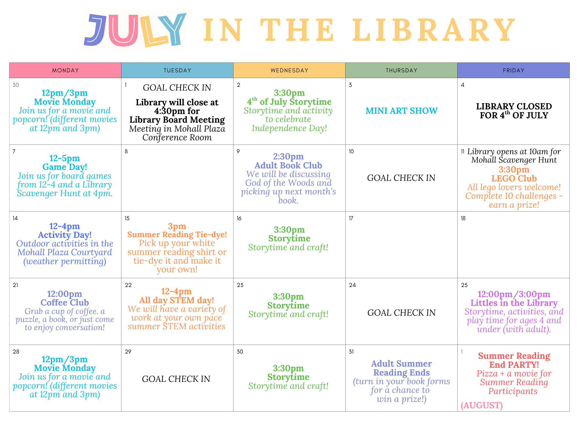 Monthly Calendar | Mohall Public Library